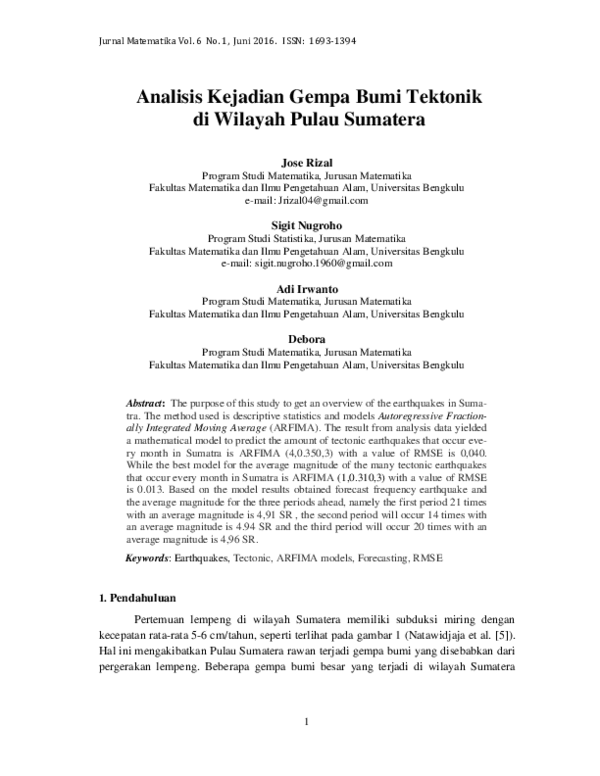 (PDF) Analisis Kejadian Gempa Bumi Tektonik di Wilayah Pulau Sumatera