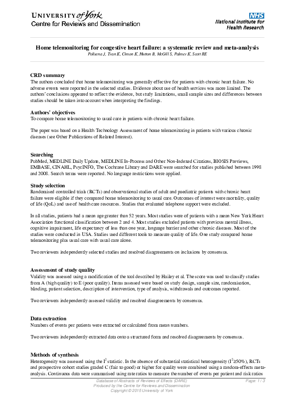 (PDF) Home telemonitoring for congestive heart failure: a systematic ...