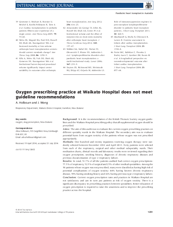 (PDF) Oxygen prescribing practice at Waikato Hospital does not meet ...