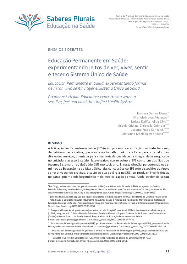 (PDF) Educação Permanente Em Saúde: Experimentando Jeitos De Ver, Viver ...
