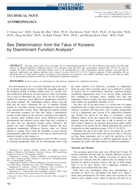 Pdf Sex Determination From The Talus Of Koreans By Discriminant Function Analysis
