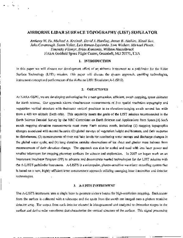 Pdf Airborne Lidar Surface Topography List Simulator Anthony Yu