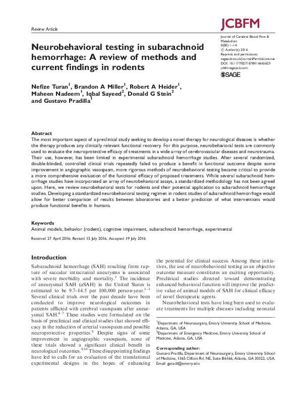 (PDF) Neurobehavioral testing in subarachnoid hemorrhage: A review of ...