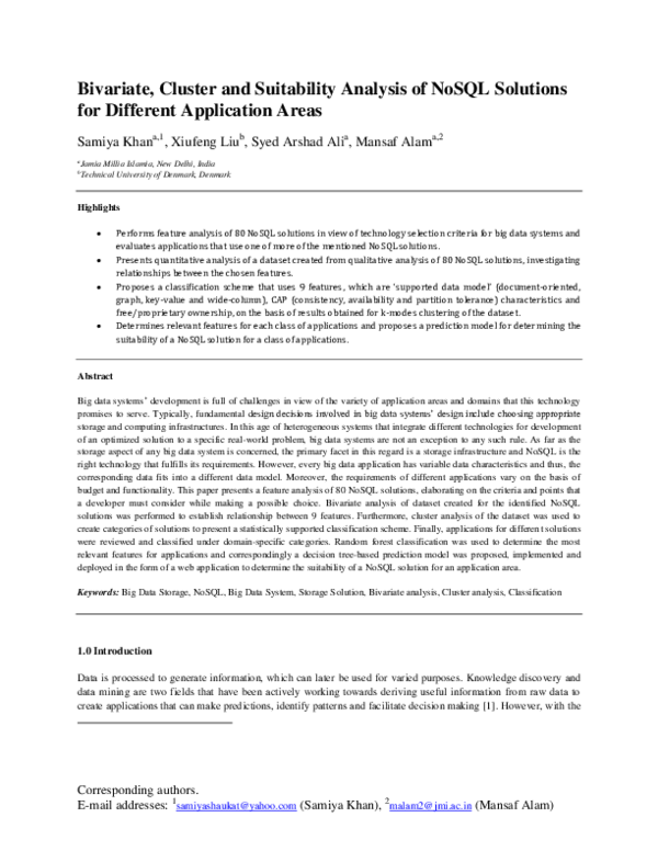 (PDF) Bivariate, Cluster and Suitability Analysis of NoSQL Solutions for Different Application Areas