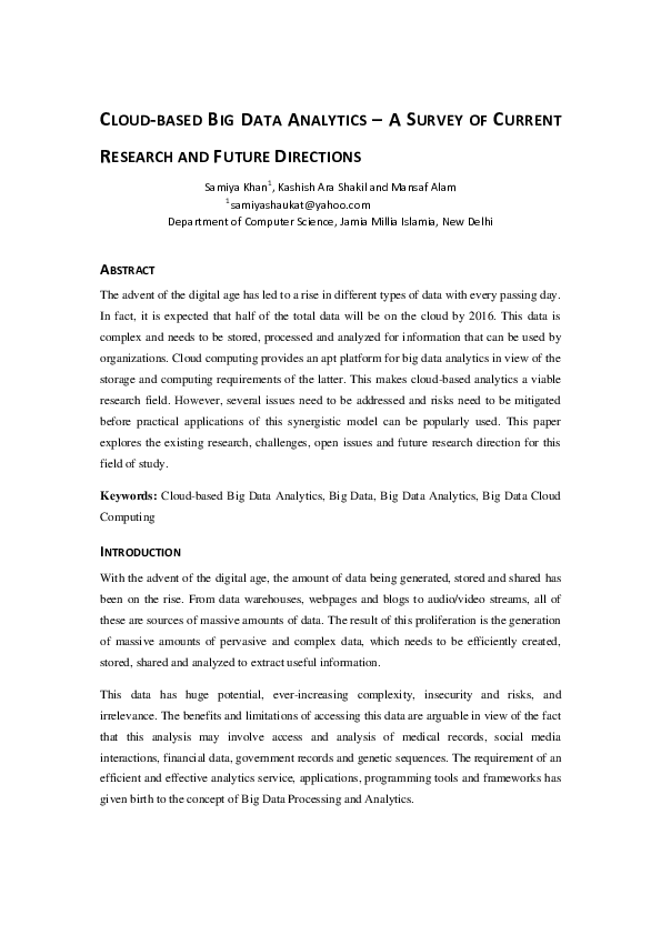 Pdf Cloud Based Big Data Analytics—a Survey Of Current Research And Future Directions
