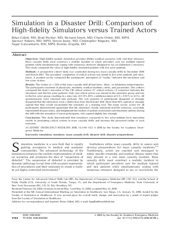 (PDF) Simulation in a Disaster Drill: Comparison of High-fidelity ...