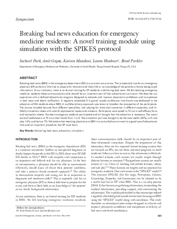 (PDF) Breaking bad news education for emergency medicine residents: A ...