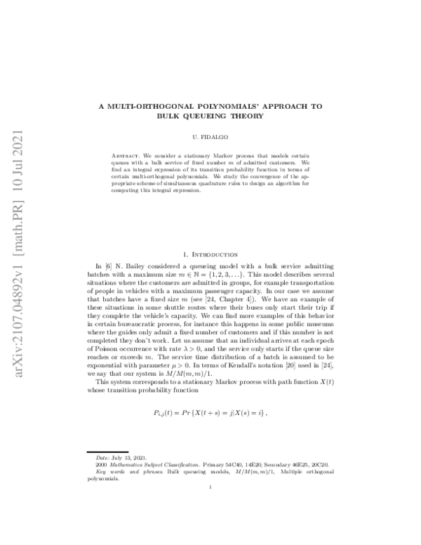 (PDF) A multi-orthogonal polynomials' approach to bulk queueing theory ...