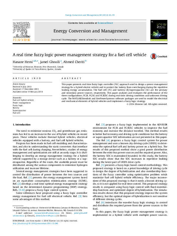 Pdf A Real Time Fuzzy Logic Power Management Strategy For A Fuel Cell Vehicle