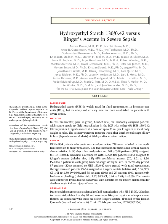 (PDF) Hydroxyethyl Starch 130/0.42 versus Ringer's Acetate in Severe Sepsis