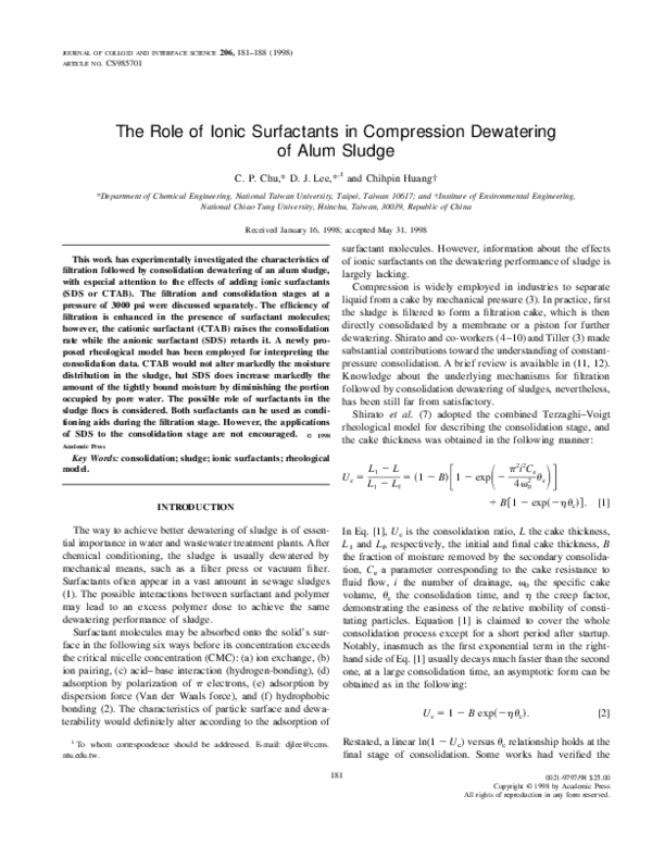 (PDF) The Role of Ionic Surfactants in Compression Dewatering of Alum ...