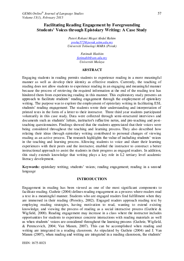 (PDF) Facilitating Reading Engagement by Foregrounding Students’ Voices through Epistolary ...