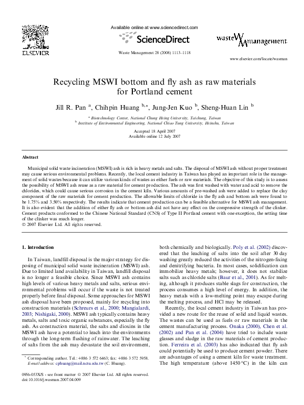 (PDF) Recycling MSWI bottom and fly ash as raw materials for Portland cement