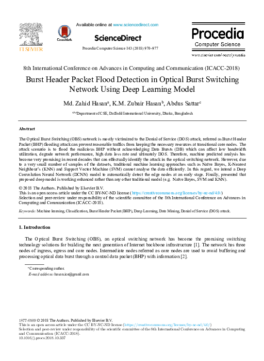 Pdf Burst Header Packet Flood Detection In Optical Burst Switching Network Using Deep Learning