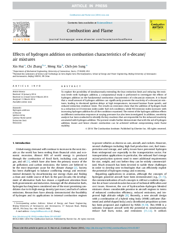 (PDF) Effects of hydrogen addition on combustion characteristics of n-decane/air mixtures