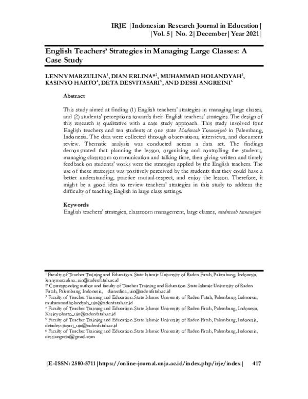 (PDF) English Teachers’ Strategies in Managing Large Classes: A Case Study