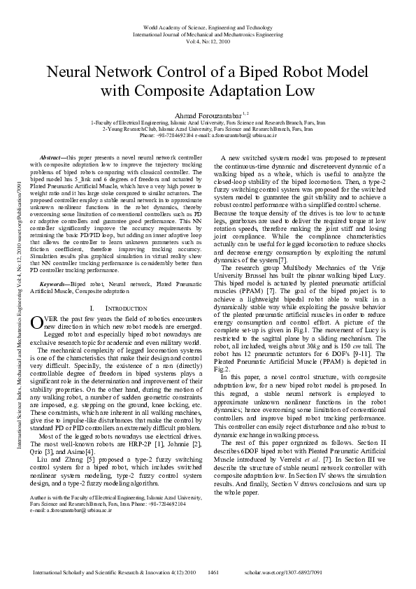 Pdf Neural Network Control Of A Biped Robot Model With Composite Adaptation Low