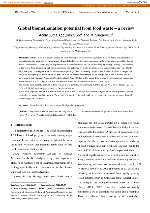(PDF) Global Biomethanation Potential from Food Waste- A Review