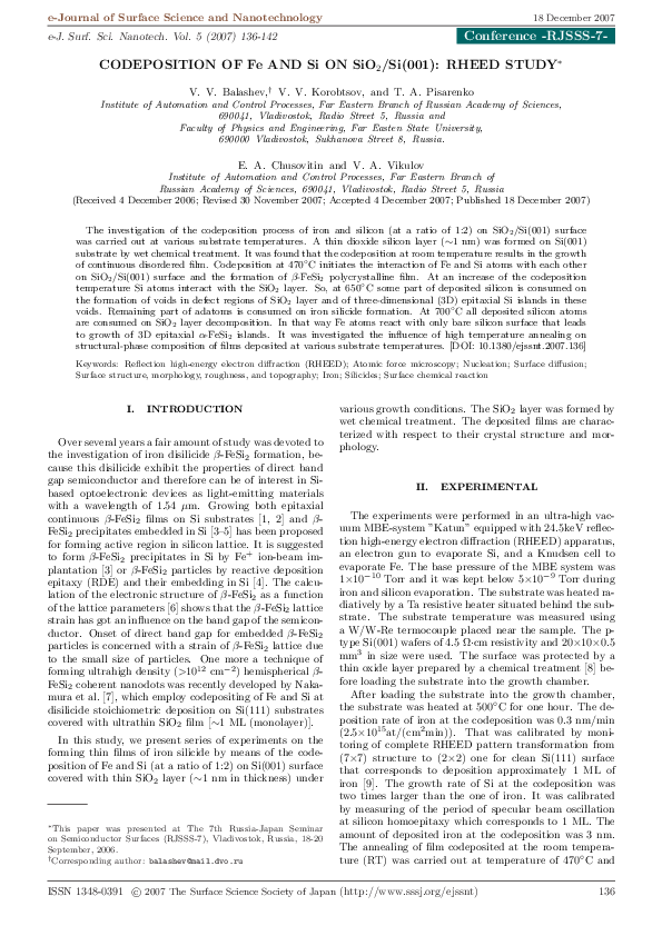 (PDF) CODEPOSITION OF Fe AND Si ON SiO2/Si(001): RHEED STUDY