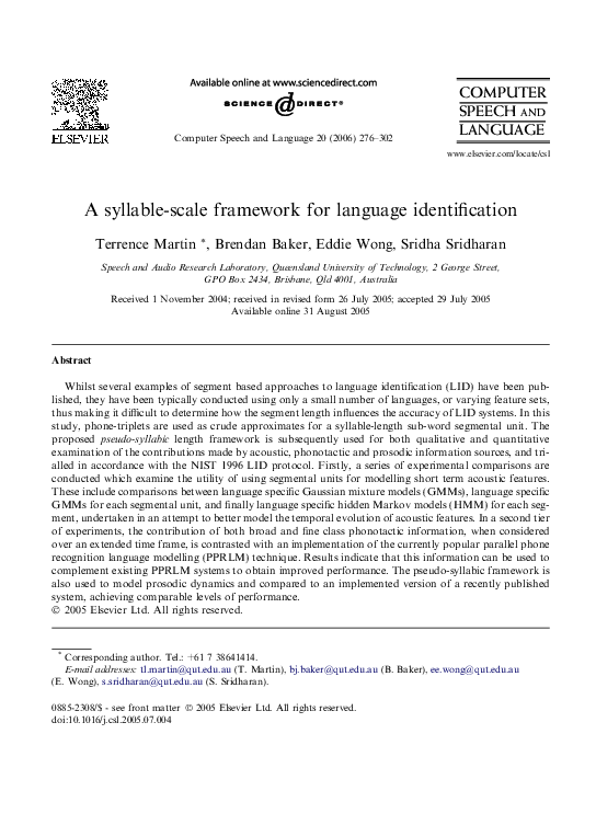 (PDF) A syllable-scale framework for language identification
