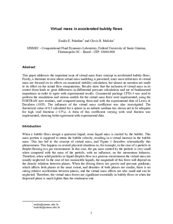 (PDF) Virtual mass in accelerated bubbly flows