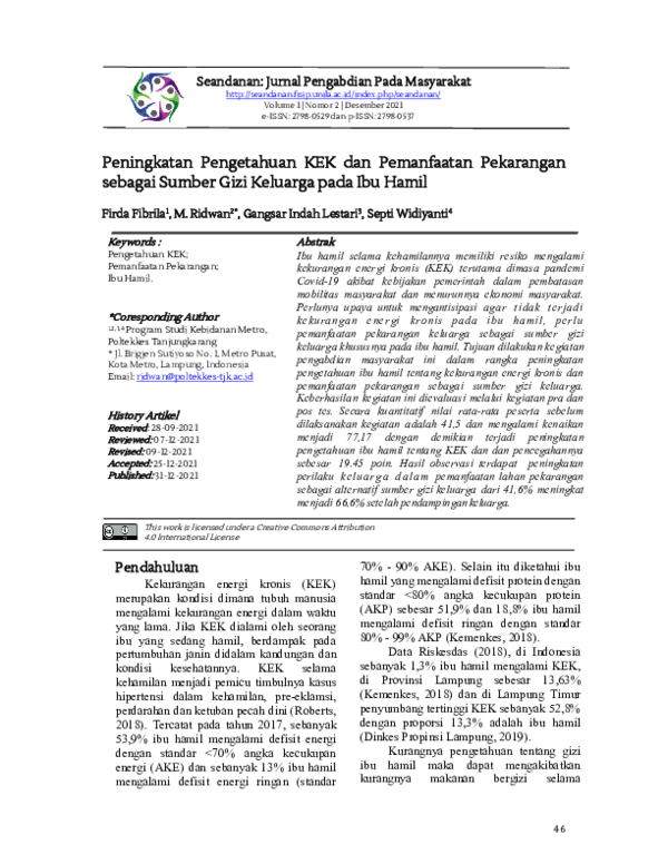 (PDF) Peningkatan Pengetahuan KEK dan Pemanfaatan Pekarangan Sebagai Sumber Gizi Keluarga Pada ...