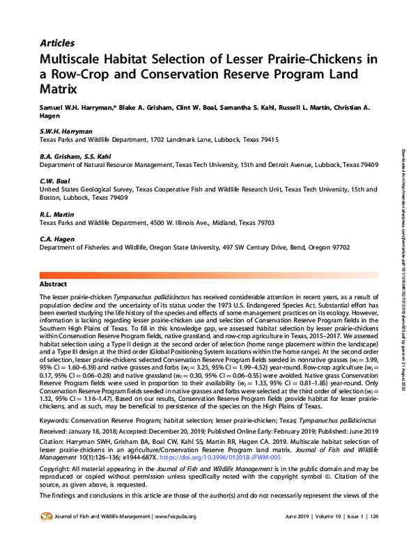 (PDF) Multiscale Habitat Selection of Lesser Prairie-Chickens in a Row ...