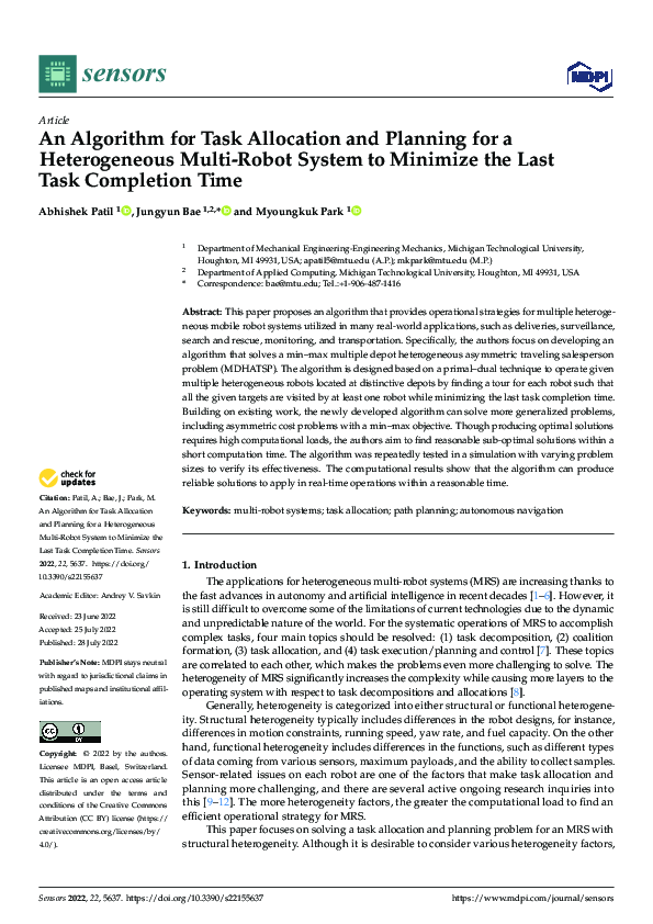 Pdf An Algorithm For Task Allocation And Planning For A Heterogeneous