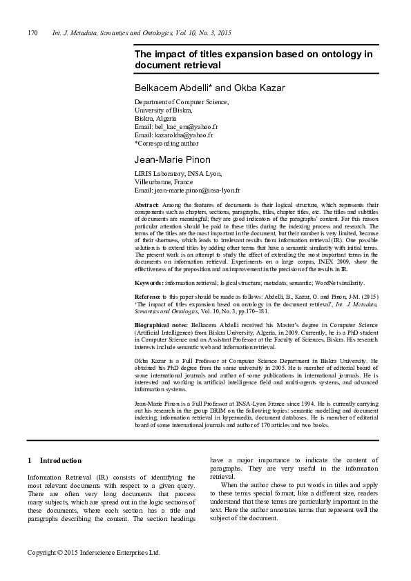 (PDF) The impact of titles expansion based on ontology in document ...
