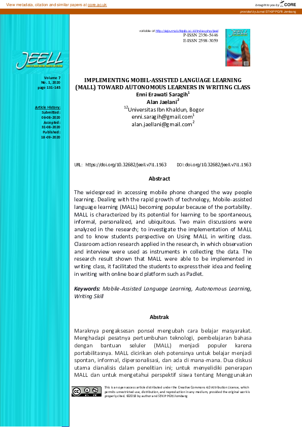 Pdf Implementing Mobil Assisted Language Learning Mall Toward Autonomous Learners In Writing