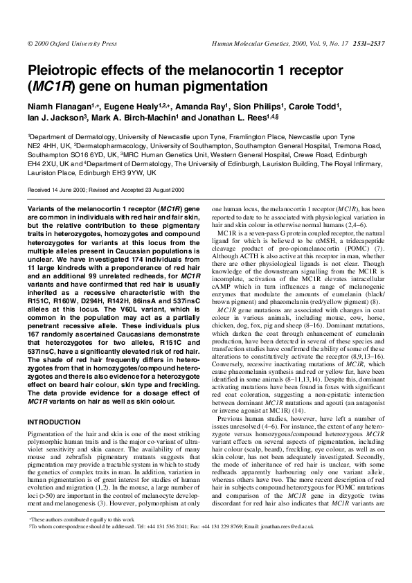 (PDF) Pleiotropic effects of the melanocortin 1 receptor (MC1R) gene on ...