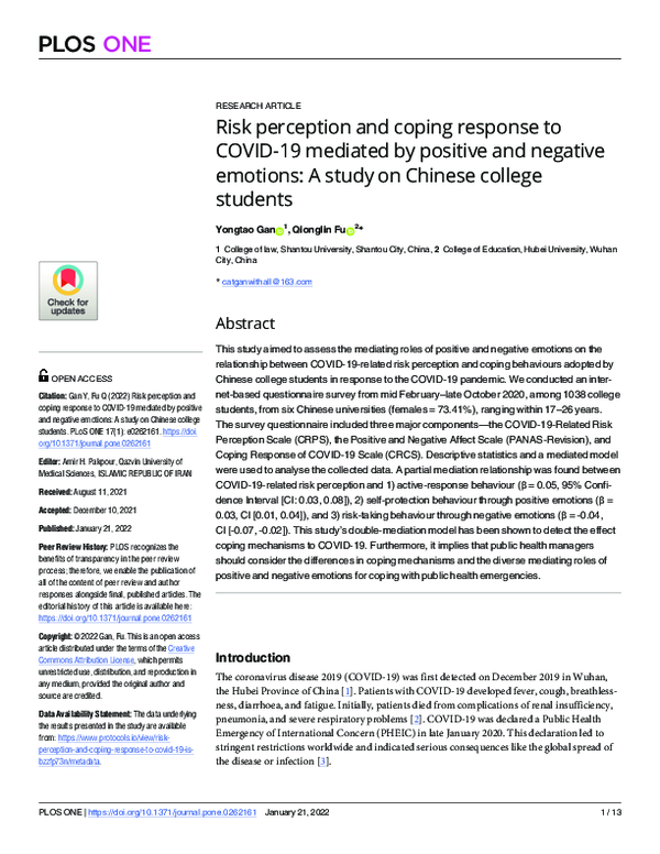 (PDF) Risk perception and coping response to COVID-19 mediated by ...