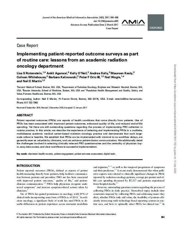 (PDF) Implementing patient-reported outcome surveys as part of routine care: lessons from an ...