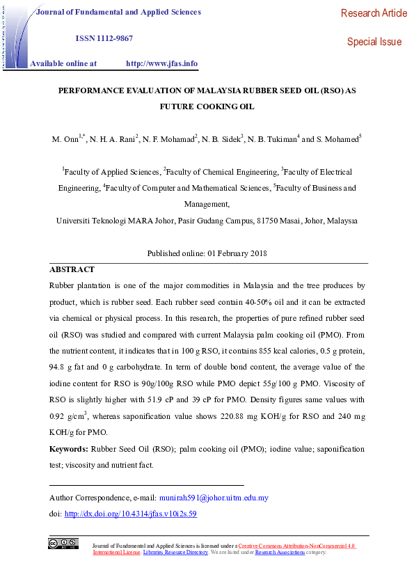 (PDF) Performance Evaluation of Malaysia Rubber Seed Oil (Rso) as Future Cooking Oil