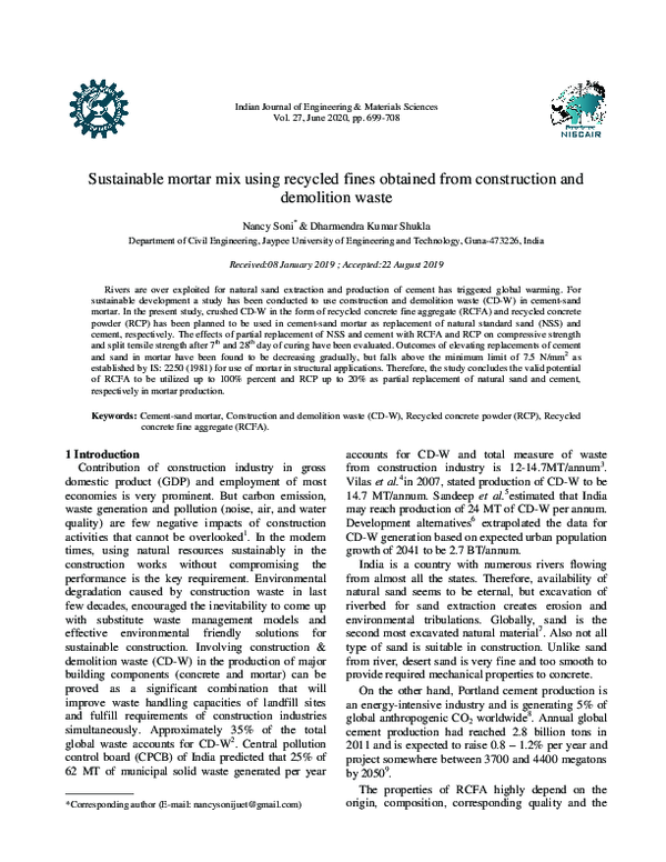 (PDF) Sustainable mortar mix using recycled fines obtained from ...
