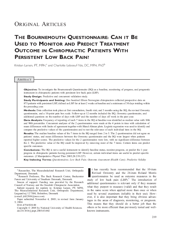 (PDF) The Bournemouth Questionnaire: Can it Be Used to Monitor and ...