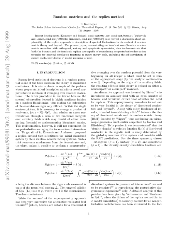 (PDF) Random matrices and the replica method