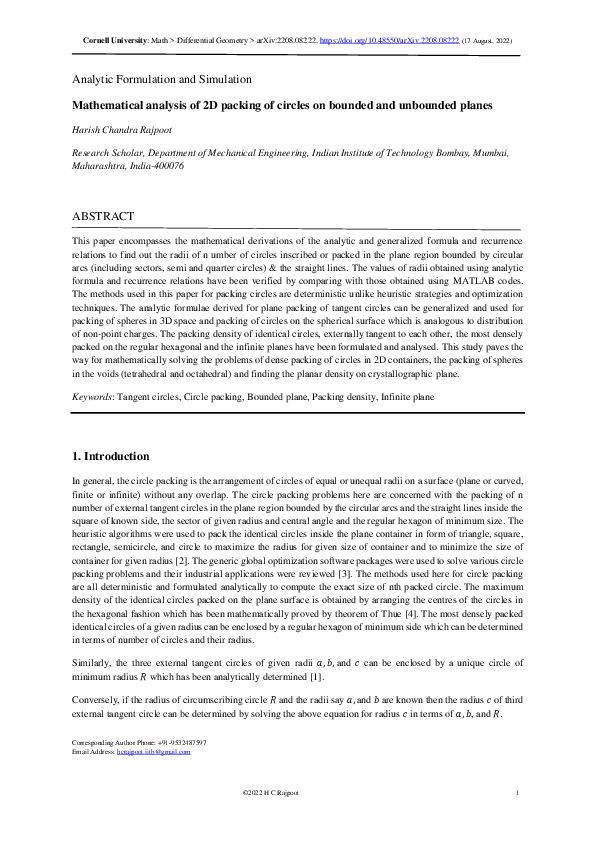 (PDF) Mathematical analysis of 2D packing of circles on bounded and unbounded planes: Analytic ...