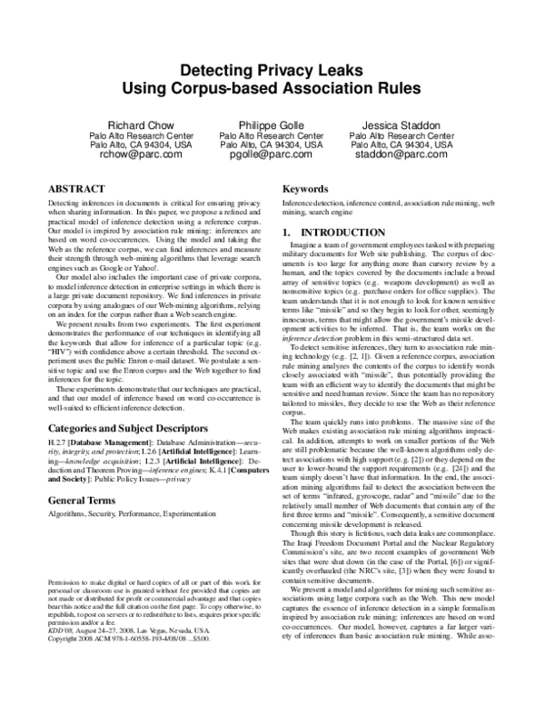 Pdf Detecting Privacy Leaks Using Corpus Based Association Rules Jessica Staddon 1105