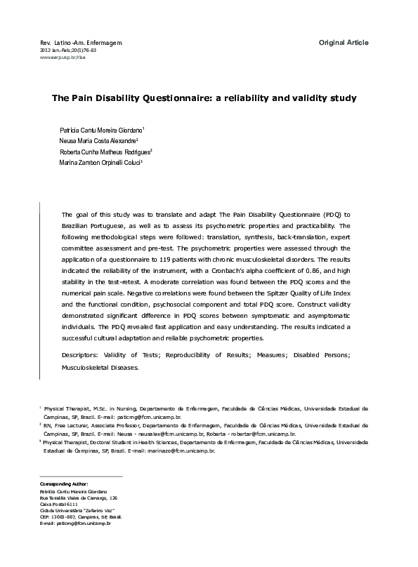 (PDF) The Pain Disability Questionnaire: a reliability and validity study