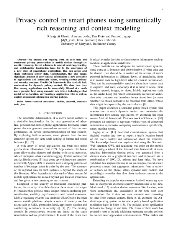 (PDF) Privacy Control in Smart Phones Using Semantically Rich Reasoning and Context Modeling