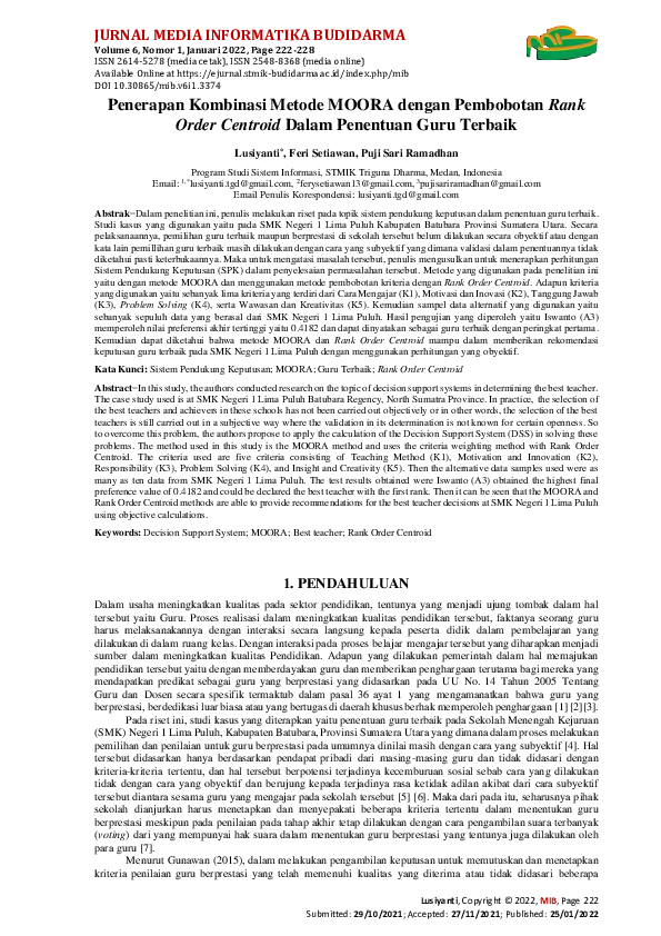 (PDF) Penerapan Kombinasi Metode MOORA dengan Pembobotan Rank Order ...