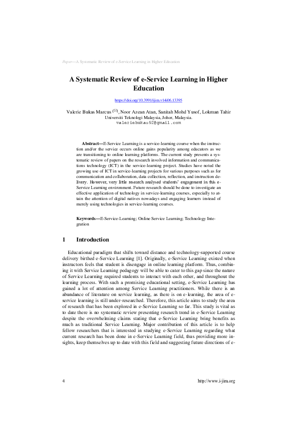 (PDF) A Systematic Review of e-Service Learning in Higher Education