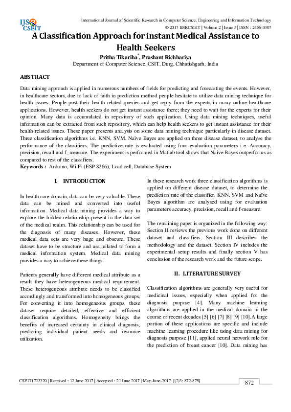 (PDF) A Classification Approach for instant Medical Assistance to ...