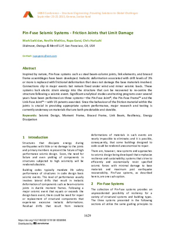 (PDF) Pin-Fuse Seismic Systems - Friction Joints that Limit Damage