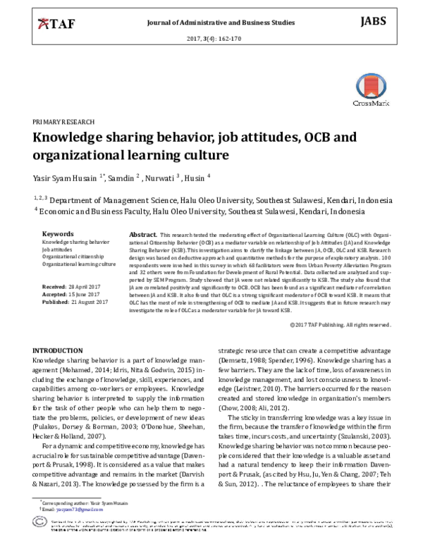 (PDF) Knowledge sharing behavior, job attitudes, OCB and organizational learning culture ...