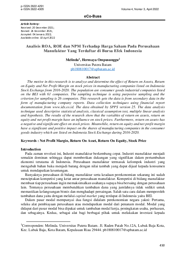 (PDF) Analisis ROA, ROE dan NPM Terhadap Harga Saham Pada Perusahaan Manufaktur yang Terdaftar ...