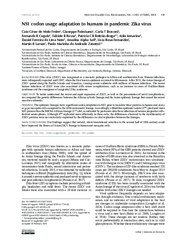 (PDF) NS1 codon usage adaptation to humans in pandemic Zika virus