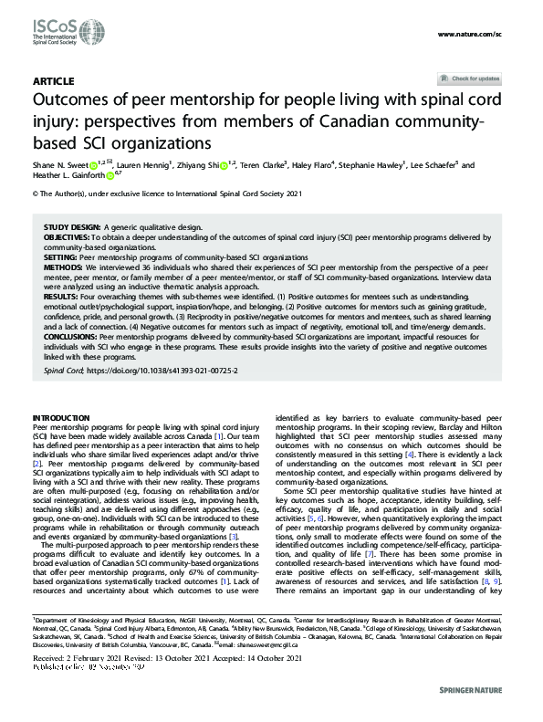 (PDF) Outcomes of peer mentorship for people living with spinal cord ...