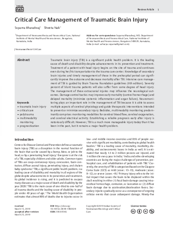 (PDF) Critical Care Management of Traumatic Brain Injury